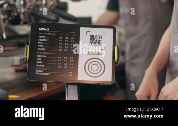 Young Asian woman self service order drink menu with tablet screen at ...