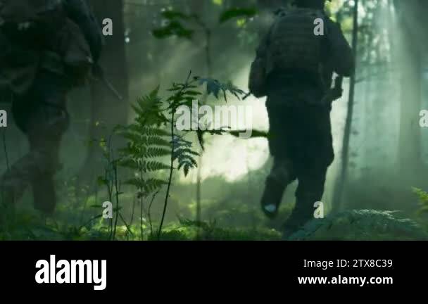 Squad of Five Fully Equipped Soldiers in Camouflage on a Reconnaissance ...