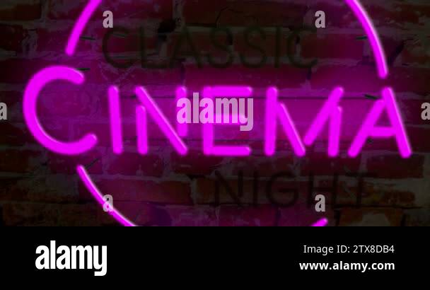 Classic cinema night neon animation intro. 3D flight over electric ...