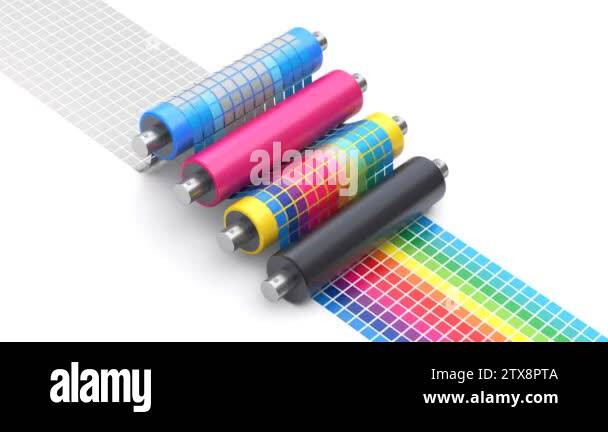 CMYK printing concept process with set of printer rollers and color ...