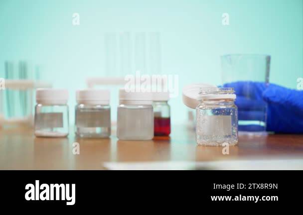 chemical experiments, laboratory test tubes with reagents. 4k, close-up ...