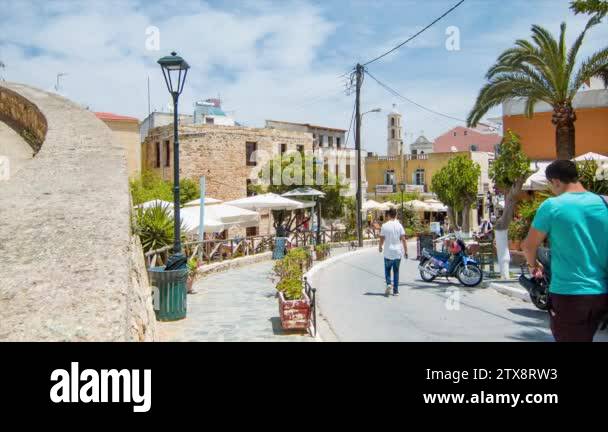 Vibrant Greek Island Street Scene in Chania Crete with People ...