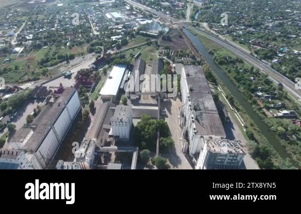 Grain terminal. The old Soviet grain elevator. Top view of a silo ...