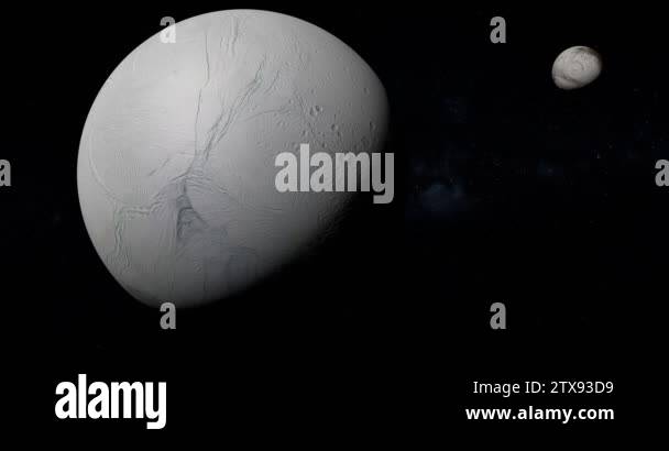 Enceladus and Iapetus moons, Saturn's satellites, orbiting in the outer ...