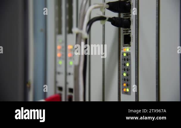 Networking Telecommunication fiber optics cable patch cord connected ...