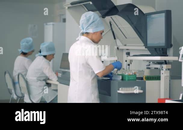 Female lab expert is putting samples into clinical chemistry analyzer ...