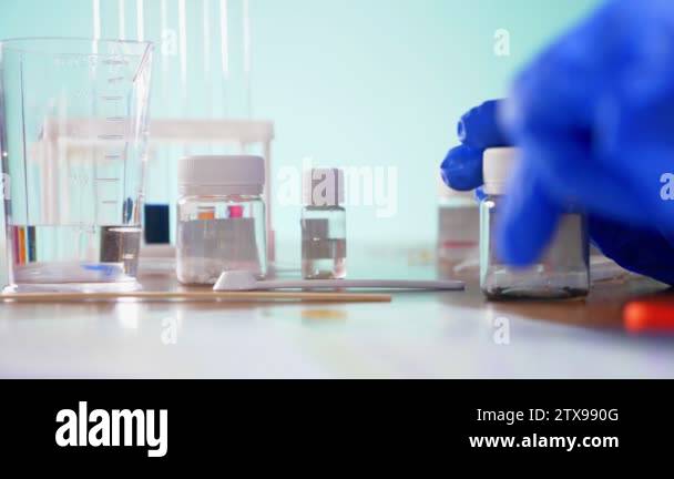 chemical experiments, laboratory test tubes with reagents. 4k, close-up ...