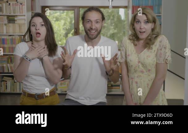 Wow facial expression of group of student friends having surprised ...