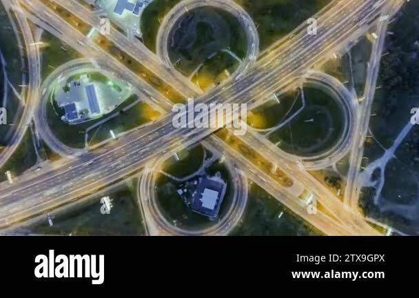 Static vertical top down aerial view of traffic on freeway interchange ...