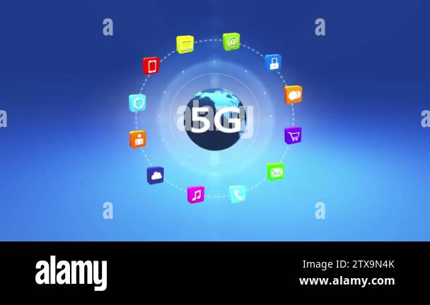 4k 5G symbol,concept,online services icons,social media around rotating ...