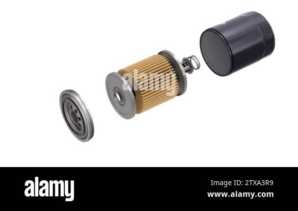Oil filter assembly animation with exploded view on white background ...
