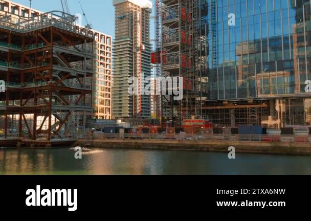 LONDON, circa 2018 - Establishing shot of a large construction ...