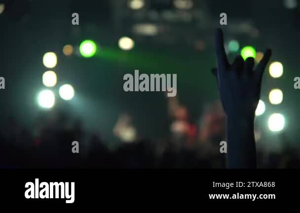 Woman at a music concert raised their hands up. A laughing crowd in ...