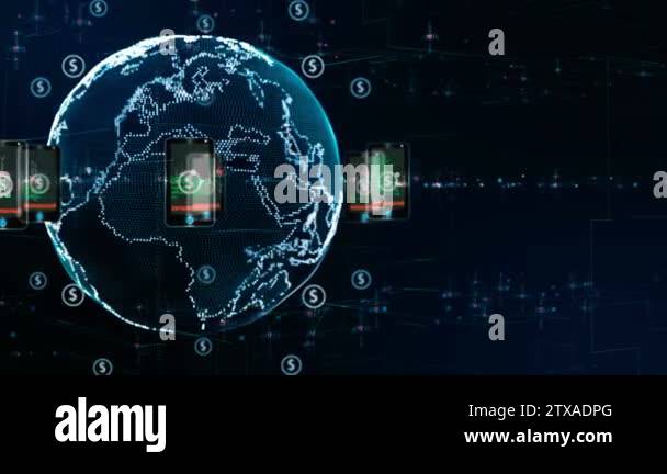 Technology Network with phone and holographic information and Earth map ...