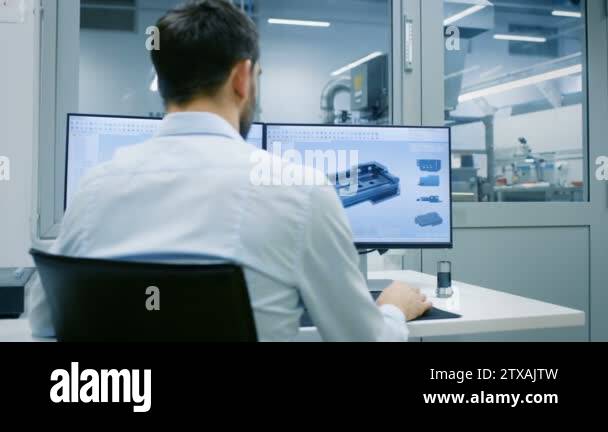 Engineer/ Technician Working on a Personal Computer with Two Displays ...