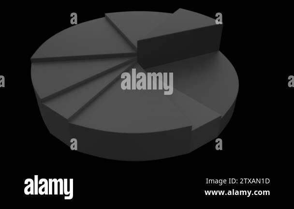 Animation of a 3D grey pie chart showing changing statistics on a black ...