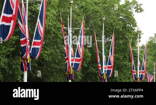 Flags Of The United Kingdom In Front Of Buckingham Palace With Green ...