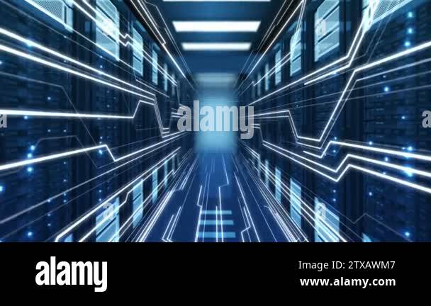 Flying Through Abstract Blue Data Center Server Racks with Stream Lines ...