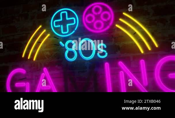 Gaming room '80s retro neon animation. 3D flight over electric symbol ...