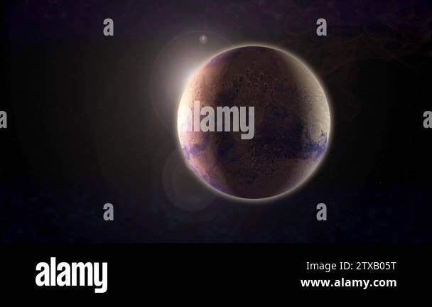 4K animation of a realistic planet Mars with a solar flare in space ...