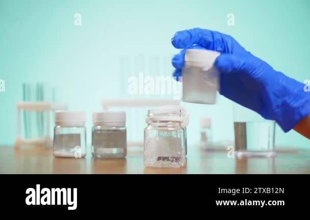 chemical experiments, laboratory test tubes with reagents. 4k, close-up ...
