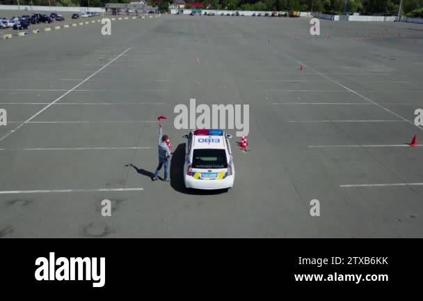 aerial view of police cars at the autodrome, asphalt autodrome with ...