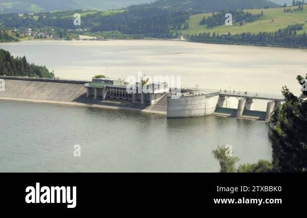 Water giant concrete dam, hydroelectric powerstation. View from bird ...