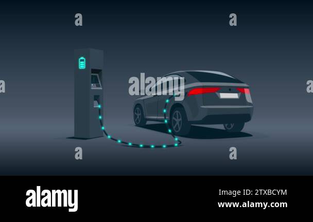 Electric car charging at charger station during night low demand off ...