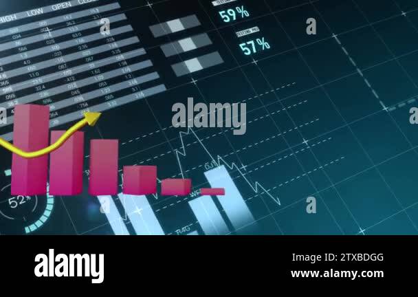 Animation of a pink block graph and gold arrow showing growth on a dark ...