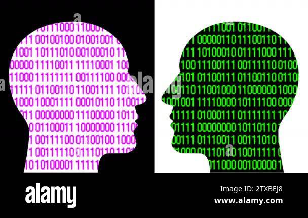 4k Brain head matrix style binary code,man thinking AI artificial ...