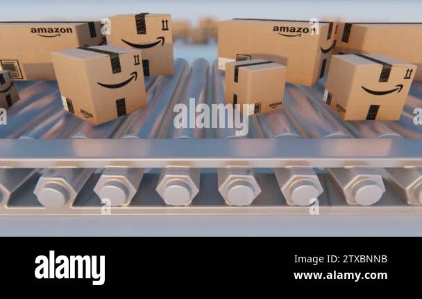 Amazon Prime Boxes move along rollers in a warehouse setting. Seamless ...
