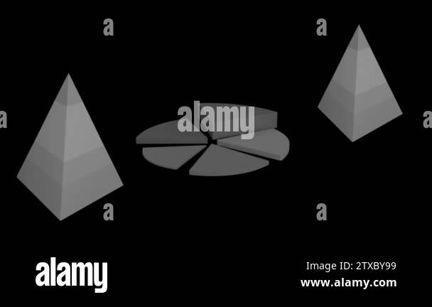 Animation of two 3D grey pyramid charts and one grey pie chart showing ...