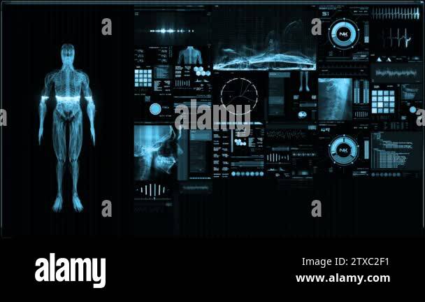 Blue futuristic patient monitor screen in perspective / Medical screen ...