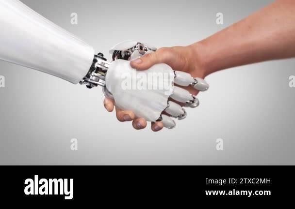 Robot and Man Shaking Hands. Beautiful realistic 3d animation on a ...