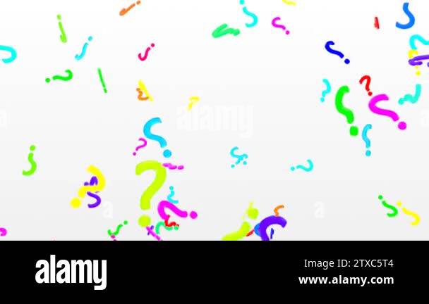 3D Question Marks Falling in Slow Motion Rainbow Colors on White ...