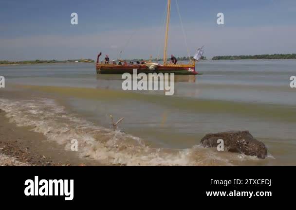 ISACCEA, ROMANIA - AUGUST 12: Liburna, Roman warship on the Danube ...