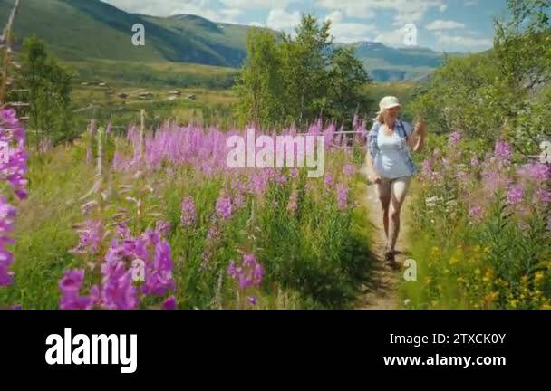 An active woman walks through a beautiful valley among flowering flowers against the backdrop of ...