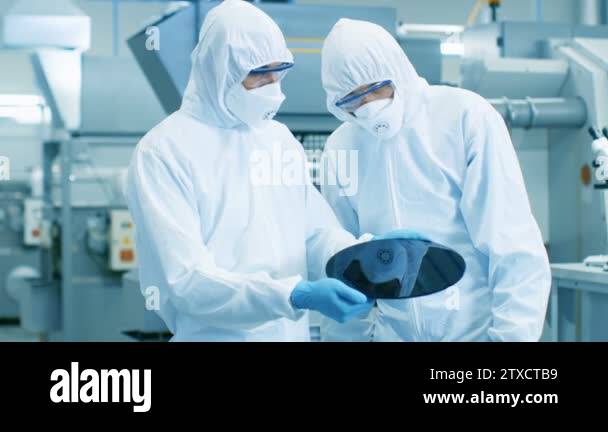 Two Engineers/ Scientists/ Technicians in Sterile Suits Hold ...