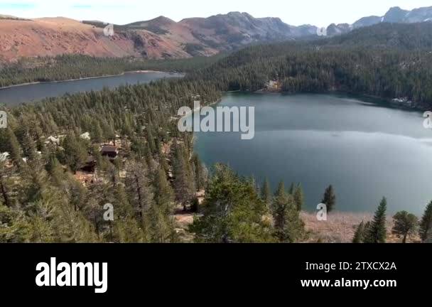 Daytime aerial shot of Crystal Lakes in Mammoth Lakes, California which ...