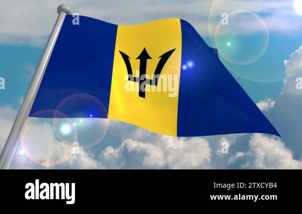 The flag of the State of Barbados develops in the wind against a blue ...