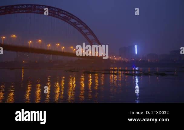 night illumination wuhan city famous traffic bridge riverside panorama ...