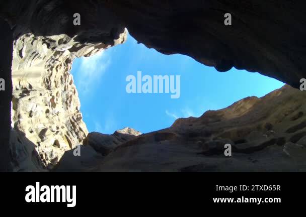 Inside volcano malacara, camera showing sky from hole, tunnel, crater ...