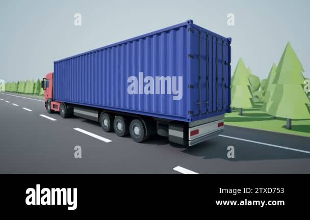 Back view camera follows euro semi truck with 40 foot container loaded ...