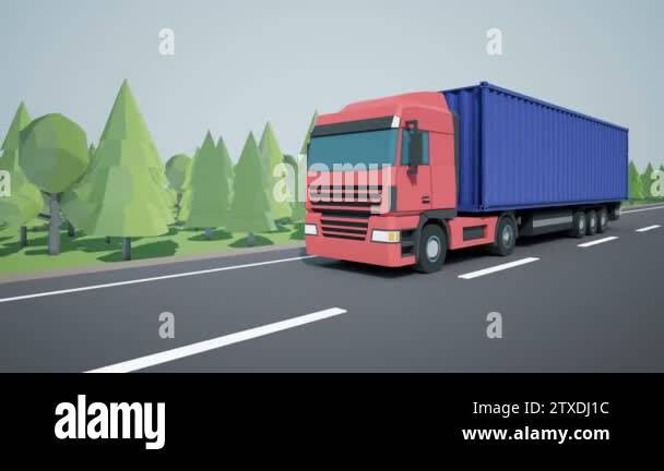 Front view camera follows euro semi truck with 40 foot container loaded ...