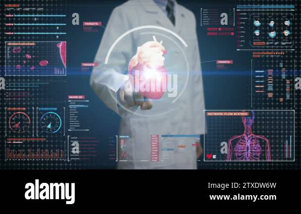 Doctor touching digital screen, scanning blood vessel, lymphatic, heart ...