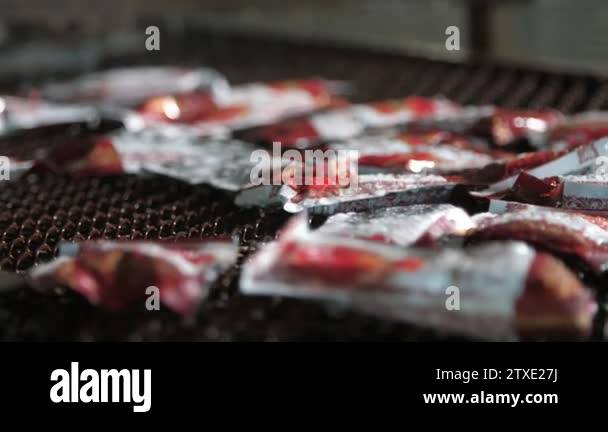 A conveyor stripe with water on a tomato processing plant with falling ...