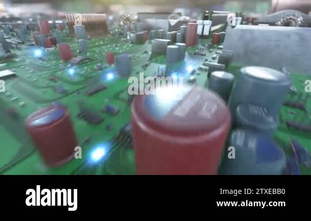 Flying Over Modern Circuit Board With Moving Electrons and Jump Inside ...