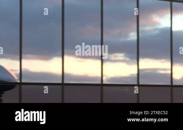Airplane Takes Off in Reflections of Airport Windows, Beautiful 3d ...