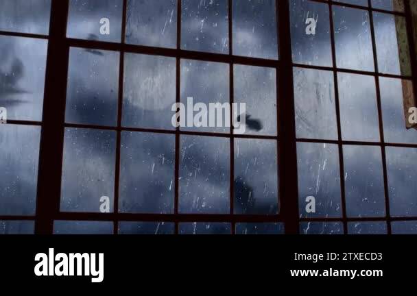 Scary Bat filled Sky Outside Old Factory Window 4K Loop features a view ...