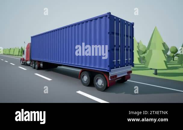 Back view camera follows American semi truck with 40 foot container ...